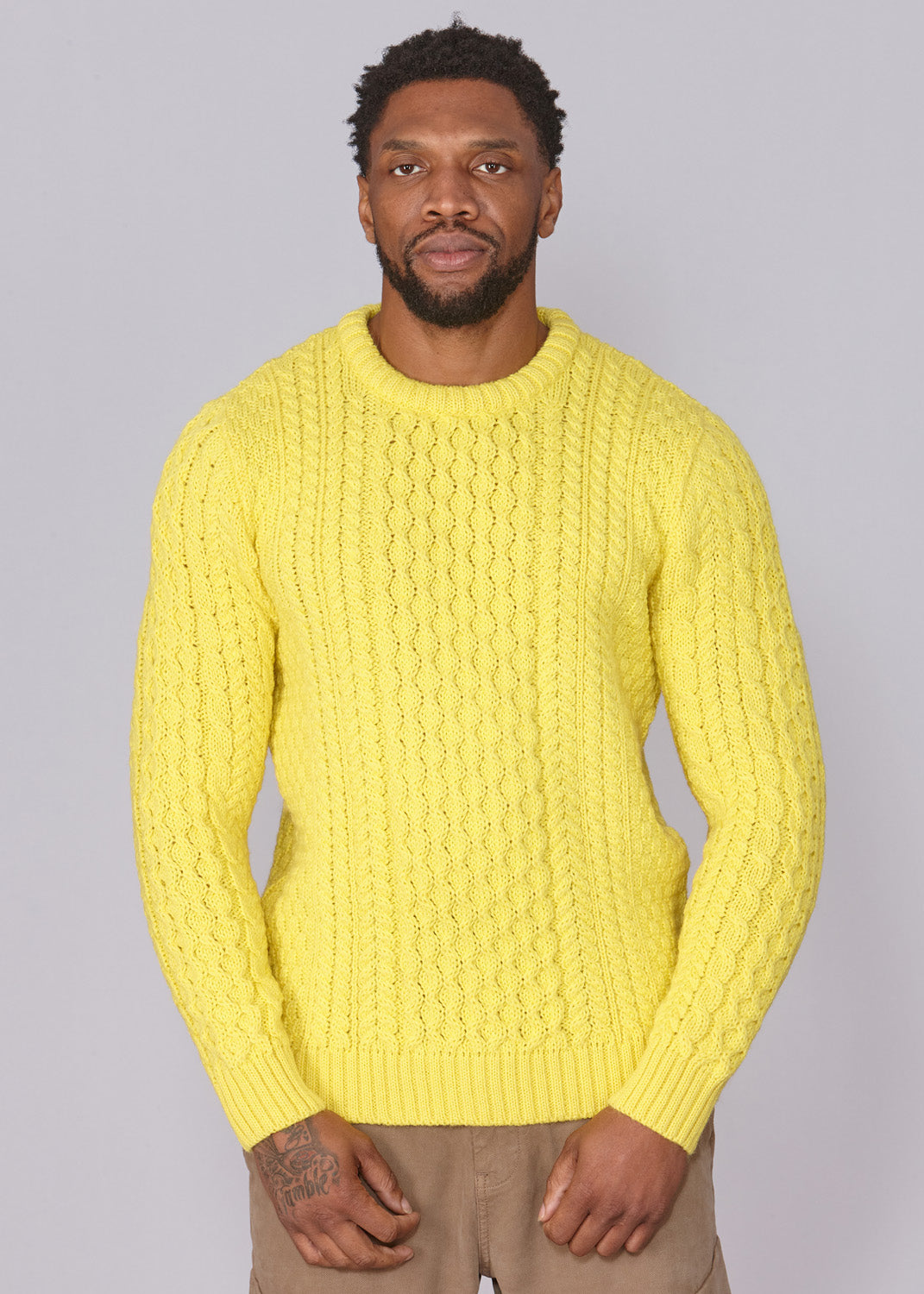 Classic Aran Wool Jumper Sweater - Yellow | Made from British Wool ...